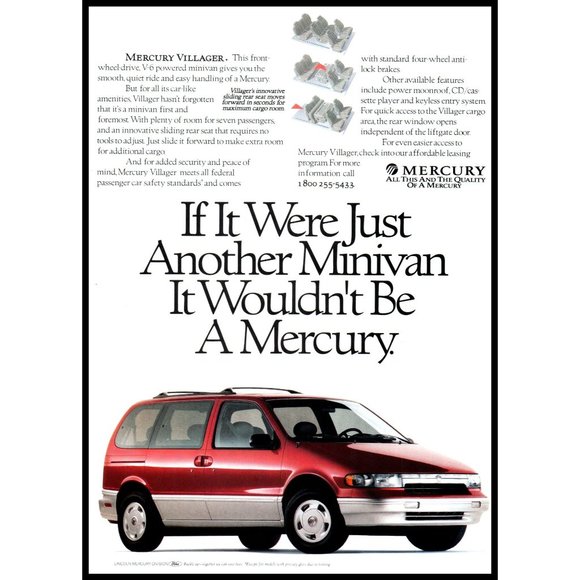 Mercury | Art | 994 Mercury Villager Minivan Vintage Print Ad Man Cave ...